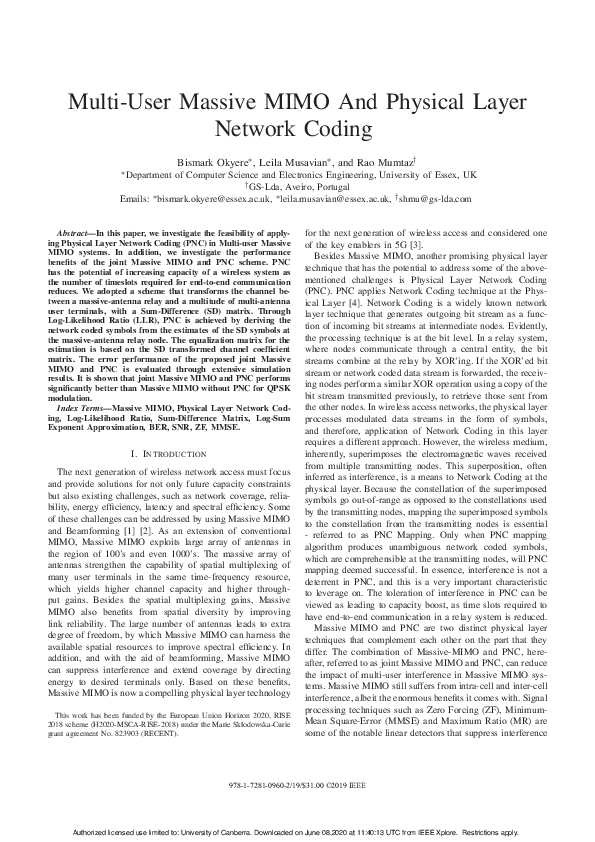 Pdf Multi User Massive Mimo And Physical Layer Network Coding 0190