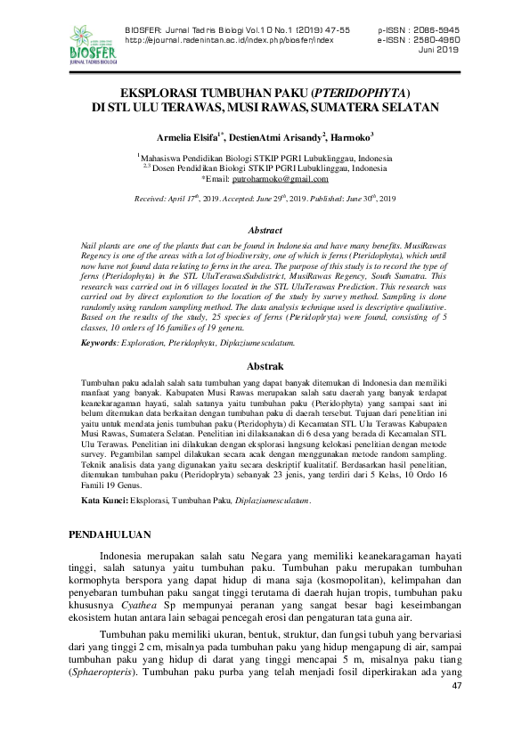 (PDF) Eksplorasi Tumbuhan Paku (Pteridophyta) di STL Ulu Terawas, Musi ...
