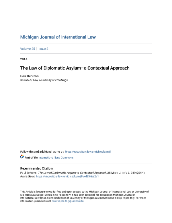 (PDF) The Law of Diplomatic Asylum–a Contextual Approach