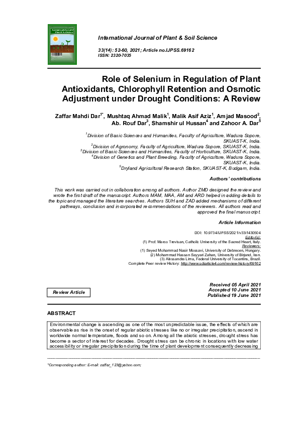 (PDF) Role of Selenium in Regulation of Plant Antioxidants, Chlorophyll ...