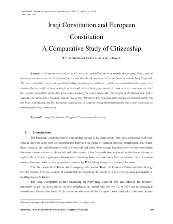 (PDF) Iraqi Constitution and European Constitution A Comparative Study of Citizenship الدستور ...