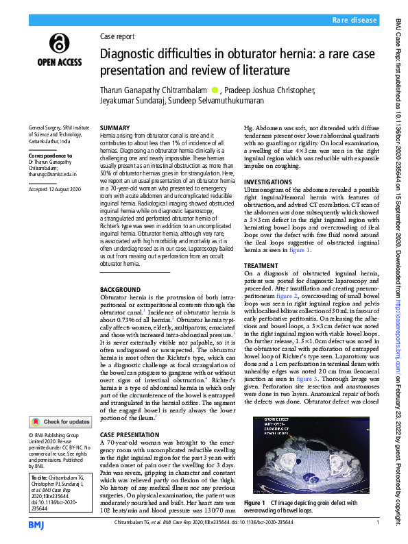 Pdf Diagnostic Difficulties In Obturator Hernia A Rare Case