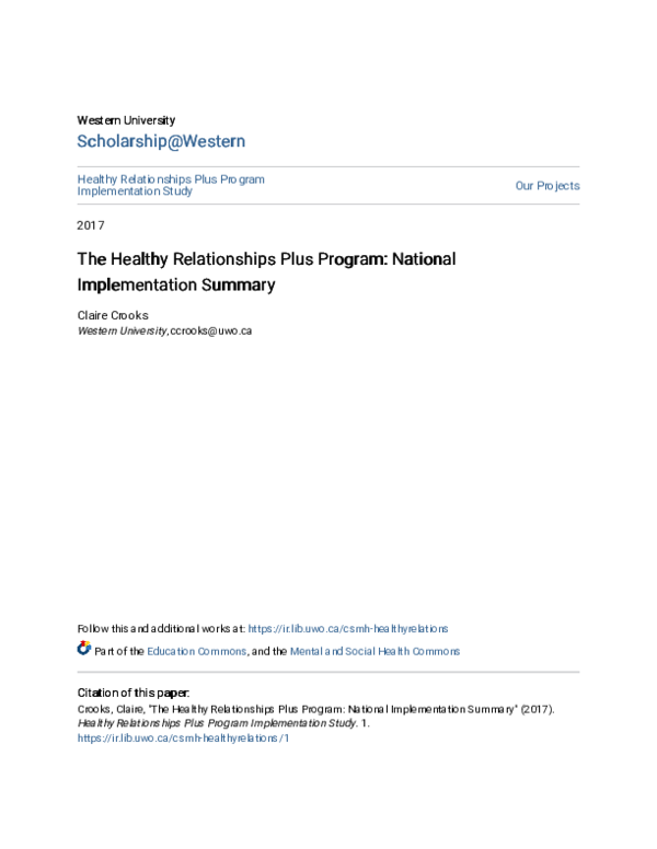 (PDF) The Healthy Relationships Plus Program: National Implementation Summary
