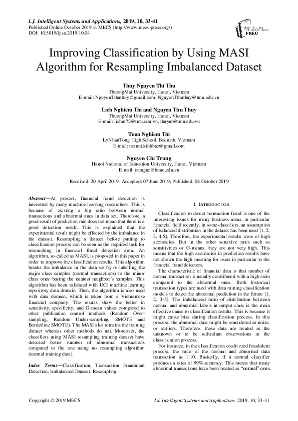 (PDF) Improving Classification by Using MASI Algorithm for Resampling Imbalanced Dataset