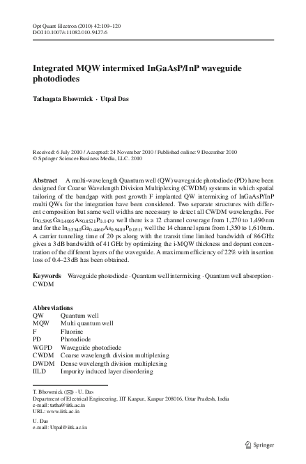 (PDF) Integrated MQW intermixed InGaAsP/InP waveguide photodiodes