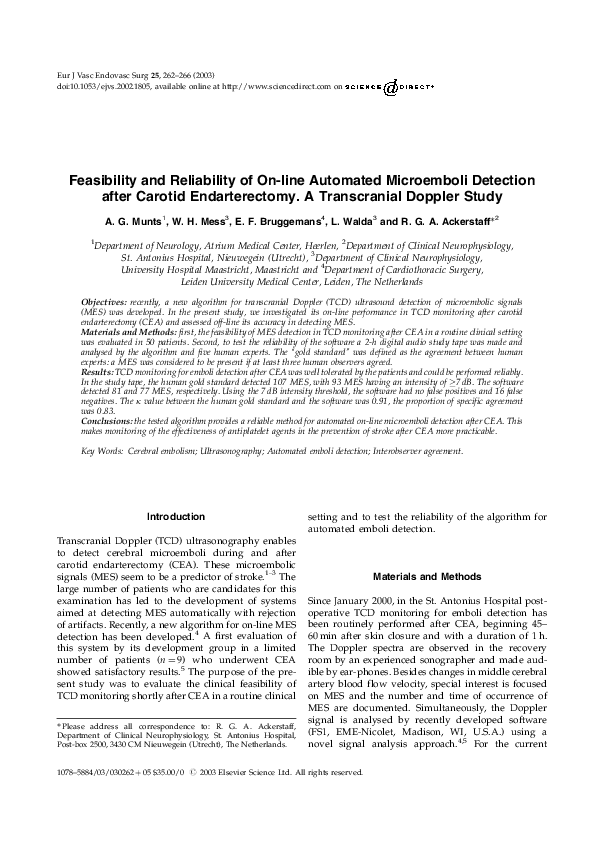 (PDF) Feasibility and Reliability of On-line Automated Microemboli Detection after Carotid ...