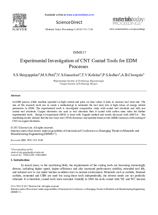 (PDF) Experimental Investigation of CNT Coated Tools for EDM Processes