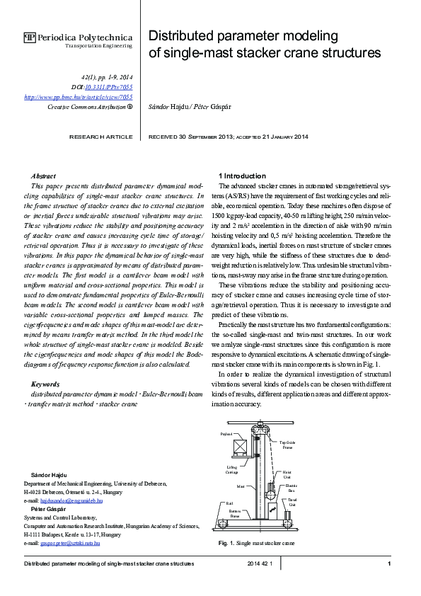 Pdf Distributed Parameter Modeling Of Single Mast Stacker Crane Structures Sándor Hajdu