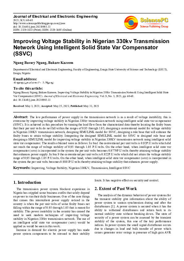 (PDF) Improving Voltage Stability in Nigerian 330kv Transmission Network Using Intelligent Solid ...
