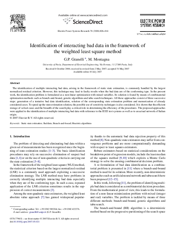 Pdf Identification Of Interacting Bad Data In The Framework Of The Weighted Least Square