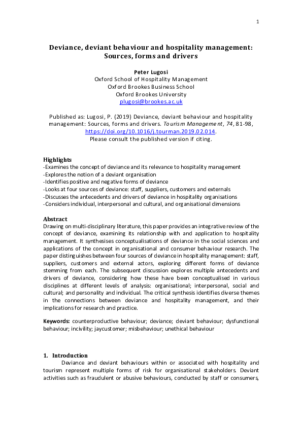 (PDF) Deviance, deviant behaviour and hospitality management: Sources ...