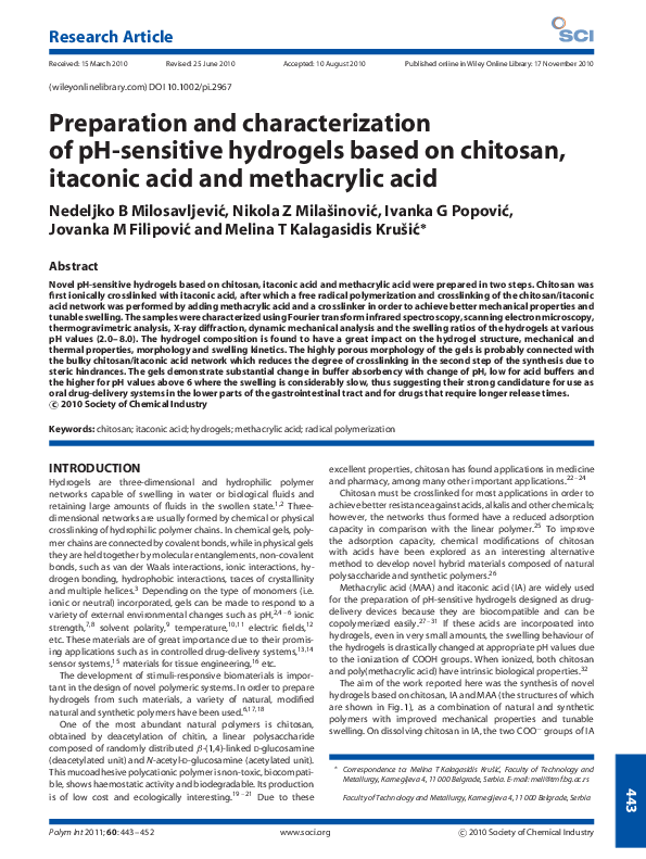 (PDF) Preparation and characterization of pH-sensitive hydrogels based on chitosan, itaconic ...