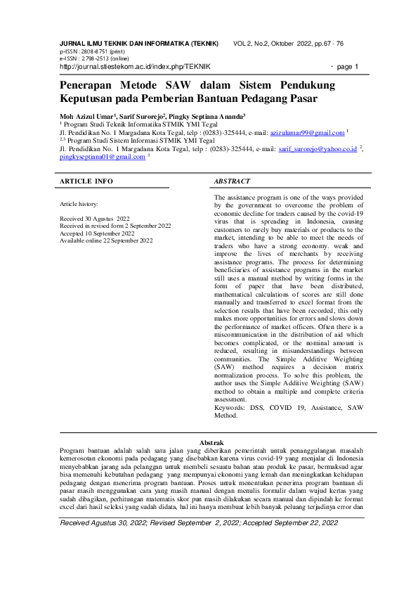 (PDF) Penerapan Metode SAW dalam Sistem Pendukung Keputusan pada Pemberian Bantuan Pedagang Pasar