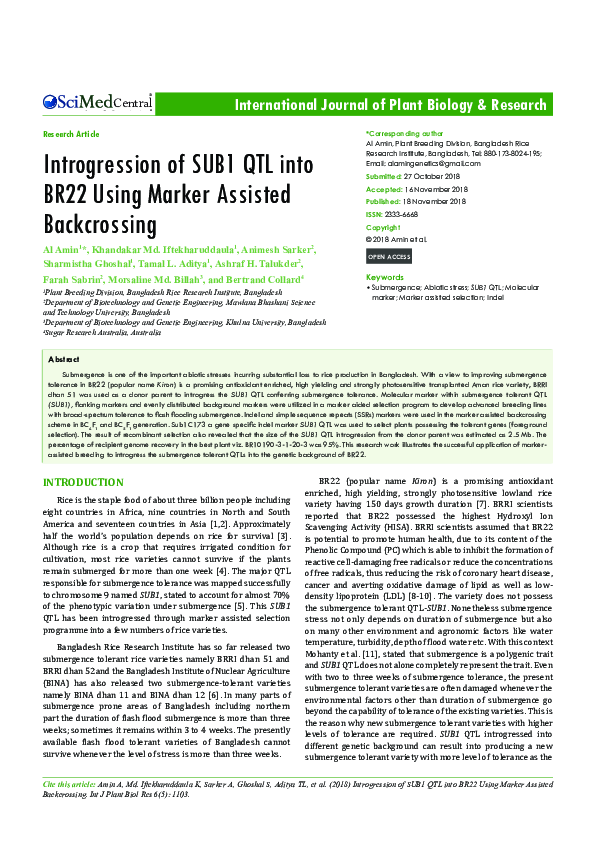 (PDF) Introgression of SUB1 QTL into BR22 Using Marker Assisted ...