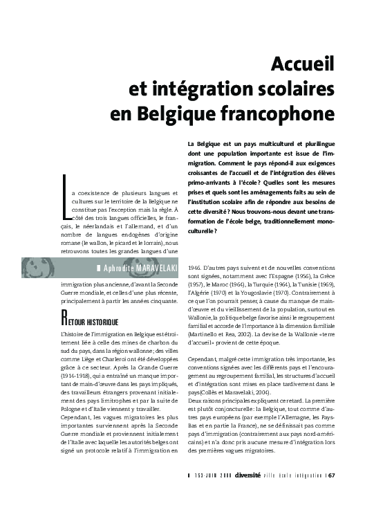 (PDF) Accueil et integration scolaires en Belgique francophone