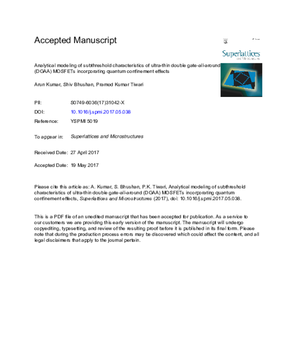 (PDF) Analytical modeling of subthreshold characteristics of ultra-thin ... (PDF) Analytical modeling of subthreshold characteristics of ultra-thin ...
