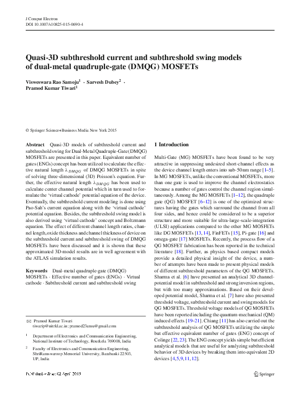 (PDF) Quasi-3D subthreshold current and subthreshold swing models of dual-metal quadruple-gate ...