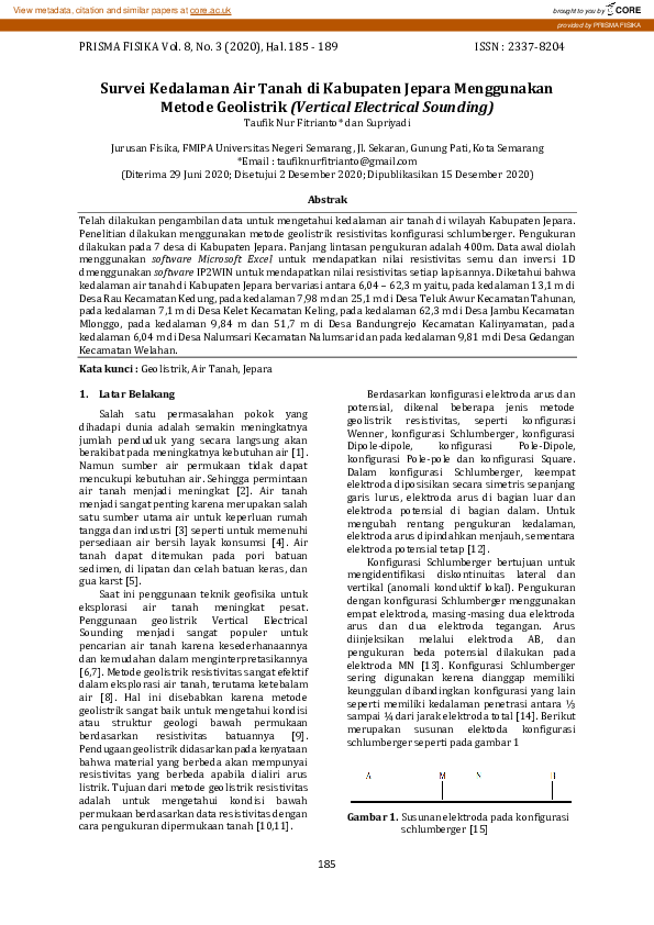 (PDF) Survei Kedalaman Air Tanah di Kabupaten Jepara Menggunakan Metode Geolistrik (Vertical ...