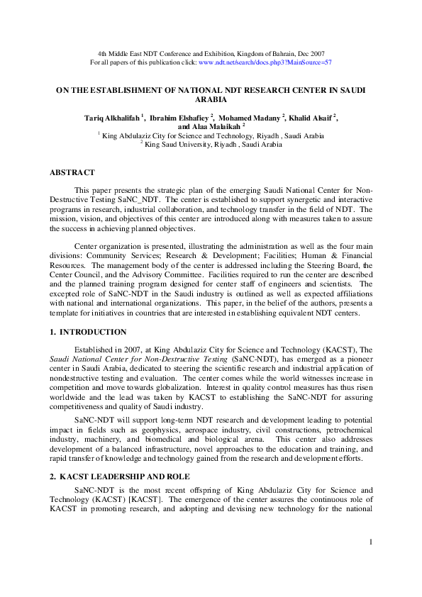 (PDF) On the Establishment of National NDT Research Center in Saudi Arabia