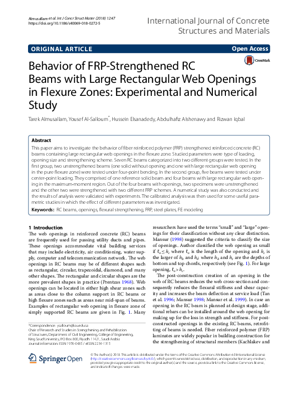 Pdf Behavior Of Frp Strengthened Rc Beams With Large Rectangular Web Openings In Flexure Zones