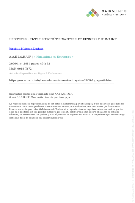 (PDF) Le stress : entre surcoût financier et détresse humaine