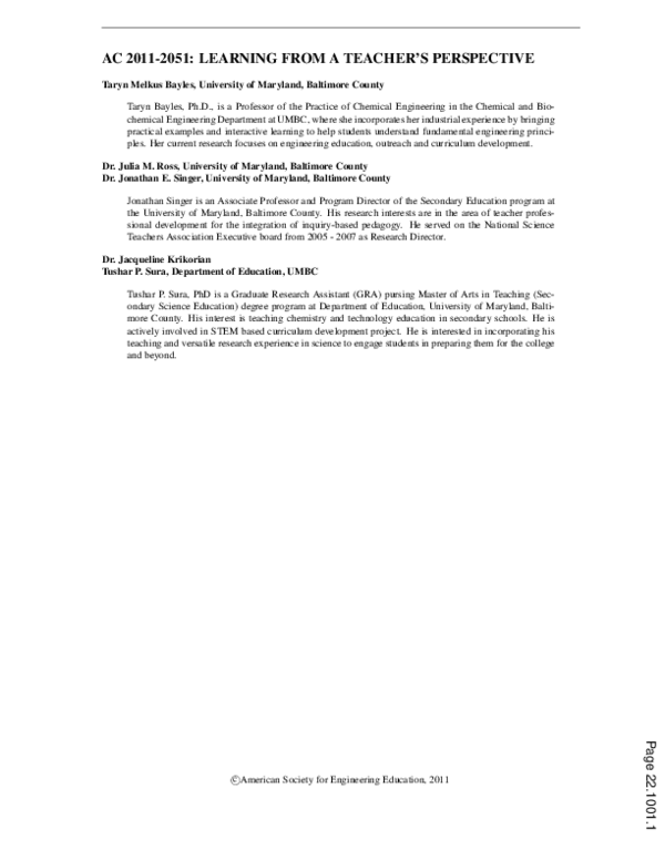 (PDF) Learning from a Teacher's Perspective