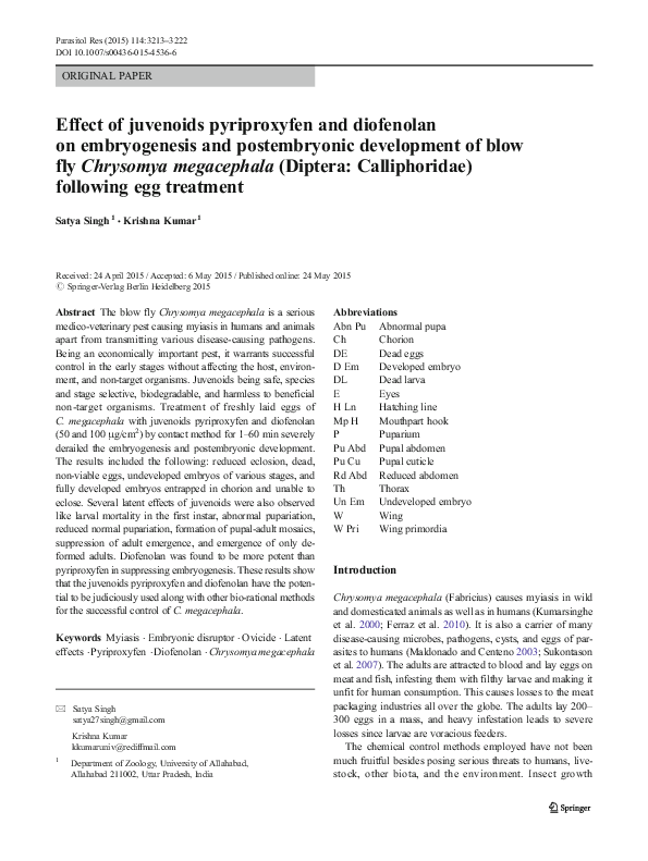 (PDF) Effect of juvenoids pyriproxyfen and diofenolan on embryogenesis ...