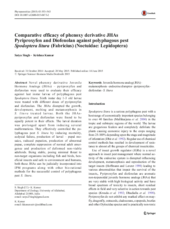 (PDF) Comparative efficacy of phenoxy derivative JHAs Pyriproxyfen and ...