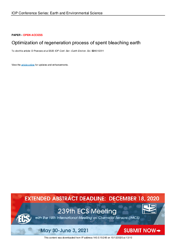 (PDF) Optimization of regeneration process of spent bleaching earth