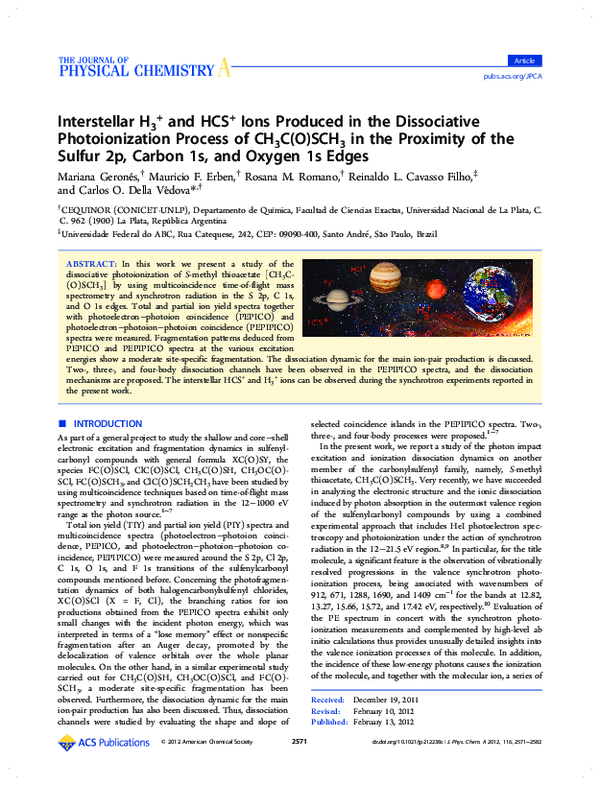 (PDF) Interstellar H 3 + and HCS + Ions Produced in the Dissociative Photoionization Process of ...