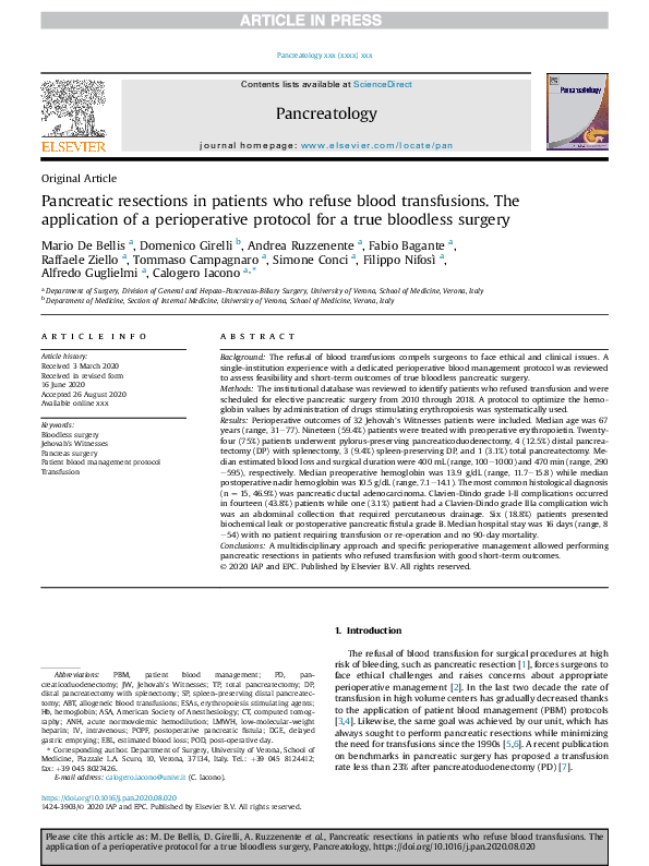 (PDF) Pancreatic resections in patients who refuse blood transfusions ...