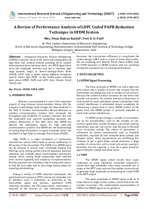 Pdf A Review Of Performance Analysis Of Ldpc Coded Papr Reduction Technique In Ofdm System