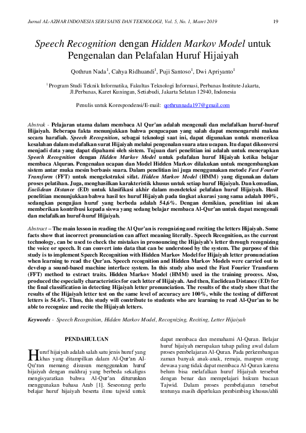 (PDF) Speech Recognition dengan Hidden Markov Model untuk Pengenalan dan Pelafalan Huruf Hijaiyah