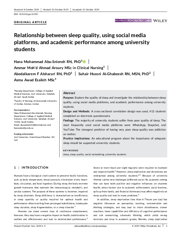 (PDF) Relationship between sleep quality, using social media platforms, and academic performance ...
