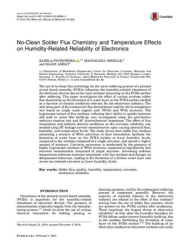 (PDF) No-Clean Solder Flux Chemistry and Temperature Effects on ...