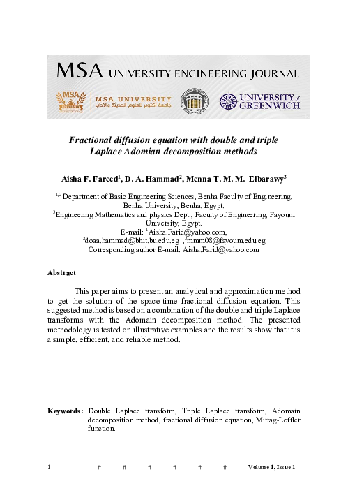 Pdf Fractional Diffusion Equation With Double And Triple Laplace Adomian Decomposition Methods