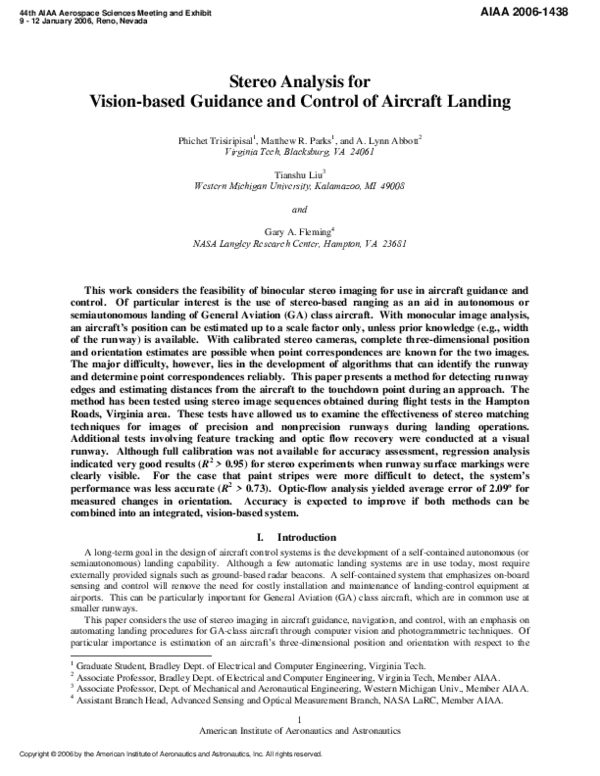 (PDF) Stereo Analysis for Vision-Based Guidance and Control of Aircraft Landing
