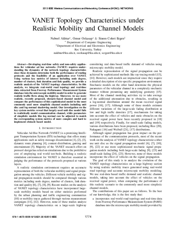 (PDF) VANET topology characteristics under realistic mobility and channel models