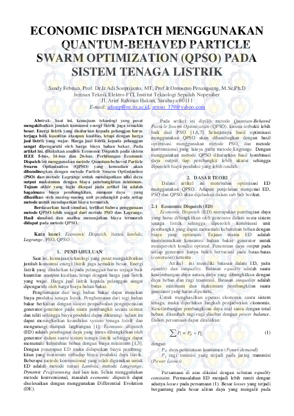 (PDF) Economic Dispatch Menggunakan Quantum-Behaved Particle Swarm Optimization (Qpso) Pada ...