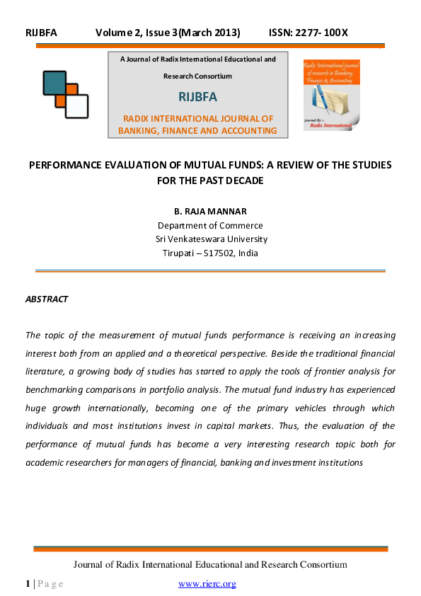 (PDF) PERFORMANCE EVALUATION OF MUTUAL FUNDS: A REVIEW OF THE STUDIES ...
