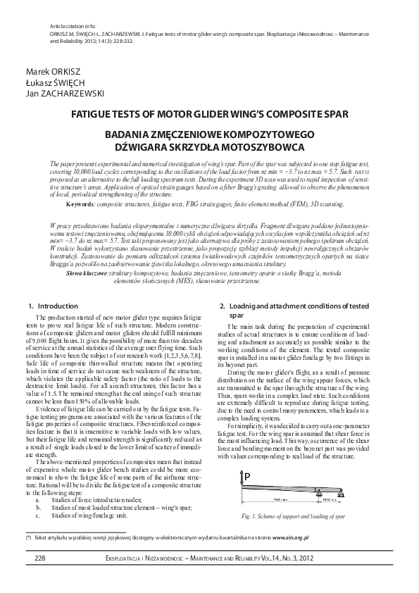 (PDF) Fatigue tests oF motor glider wing ’ s composite spar
