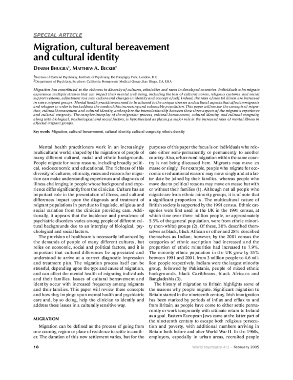 (PDF) Migration, cultural bereavement and cultural identity