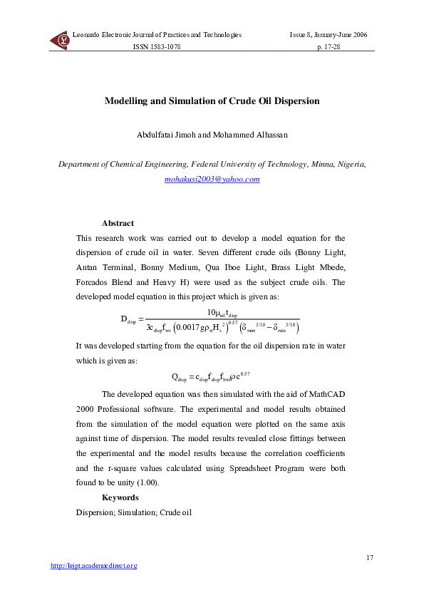 (PDF) Modelling and Simulation of Crude Oil Dispersion