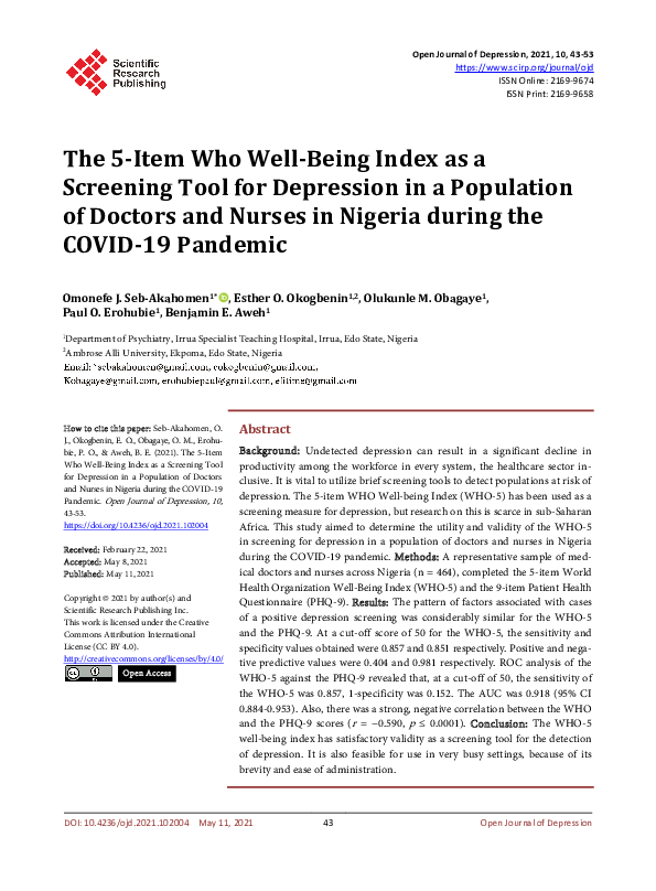 (PDF) The 5-Item Who Well-Being Index as a Screening Tool for ...