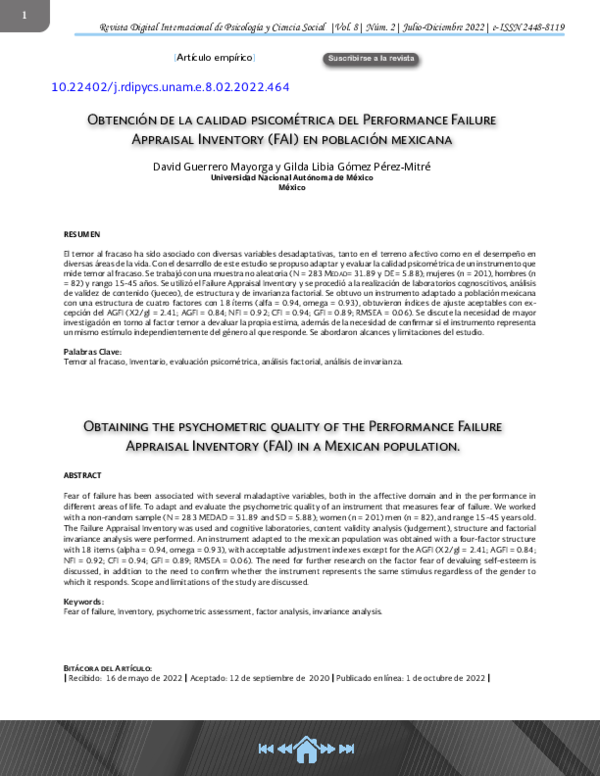 (PDF) Obtención de la calidad psicométrica del Performance Failure ...