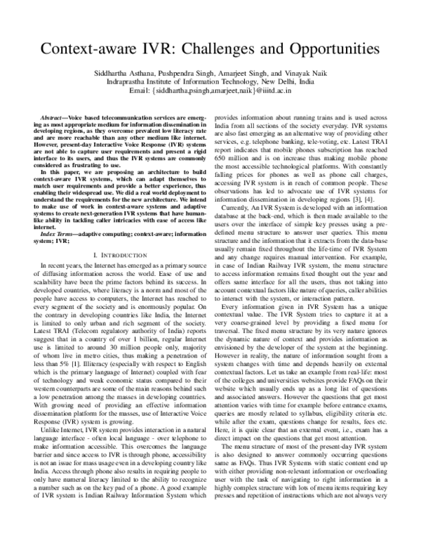 (PDF) Context-aware IVR: challenges and opportunities