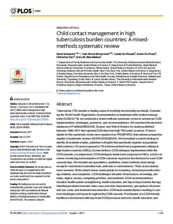 (PDF) Child contact management in high tuberculosis burden countries: A ...
