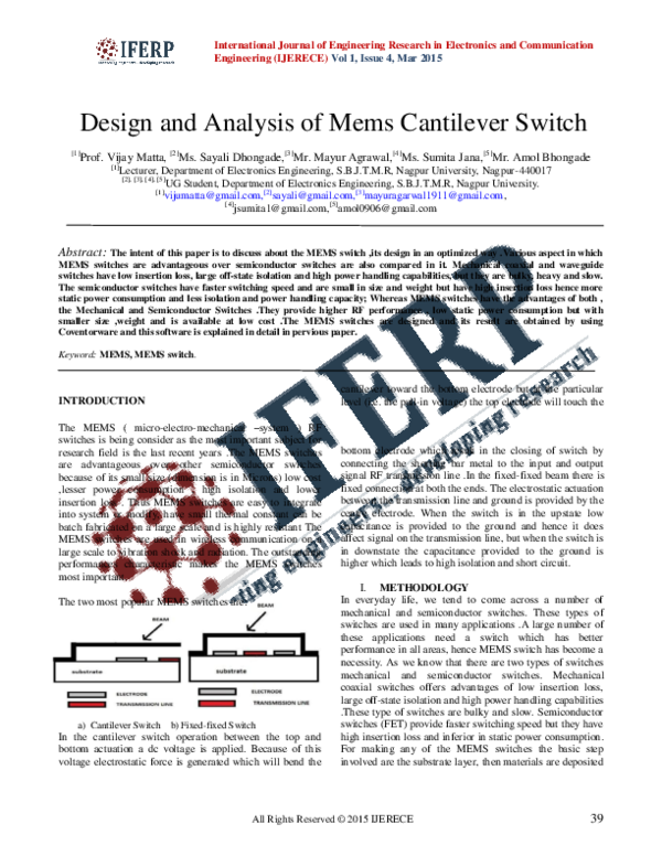 Pdf Design And Analysis Of Mems Cantilever Switch