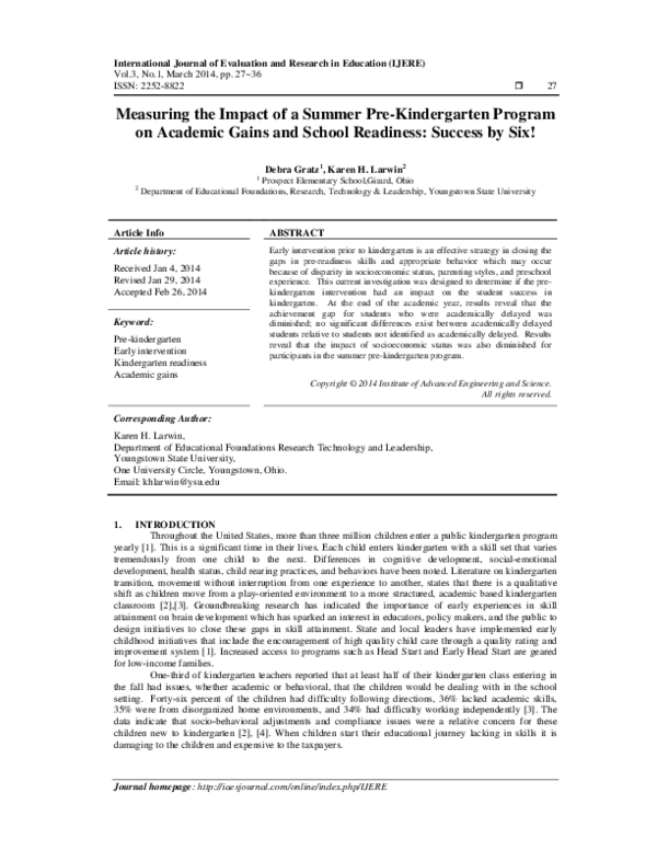 (PDF) Measuring the Impact of a Summer Pre-Kindergarten Program on Academic Gains and School ...