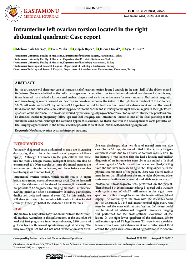 (PDF) Intrauterine left ovarian torsion located in the right abdominal quadrant: Case report